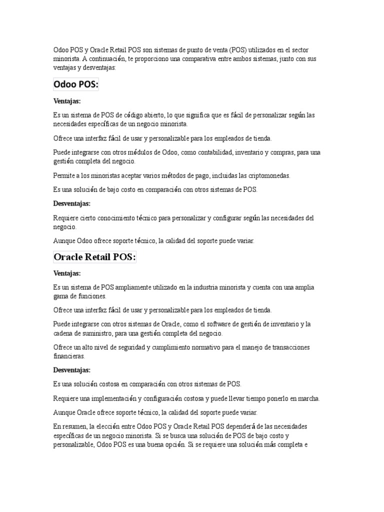 Odoo POS y Oracle Retail POS Son Sistemas de Punto de Venta | PDF