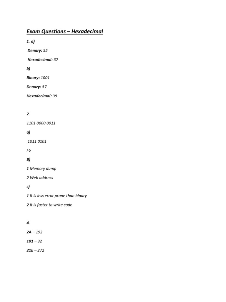 Exam ions Hexadecimal 1 A Denary 55 Hexadecimal 37 B