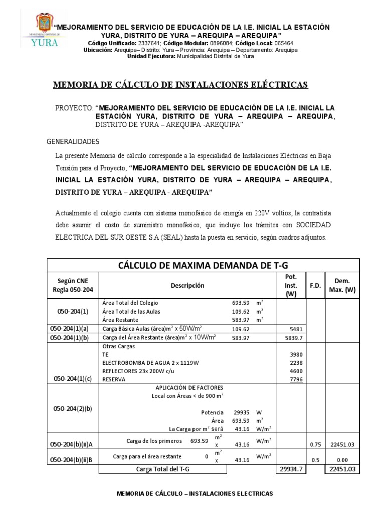 Memoria de cálculo de instalaciones eléctricas para la mejora del ... Memoria de cálculo de instalaciones eléctricas para la mejora del ...