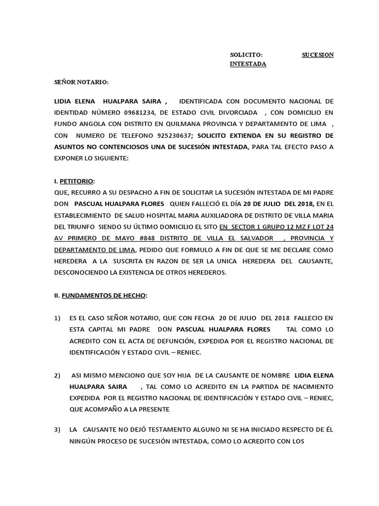 Sucesion de Lidia Elena Hualpara Modificado | PDF | Intestacy ...