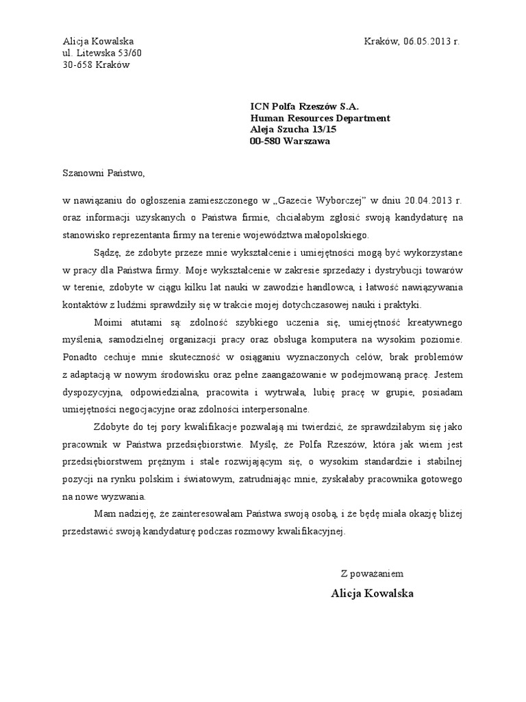 ICN Polfa Rzeszów S.A. Human Resources Department Aleja Szucha 13/15 00 ...