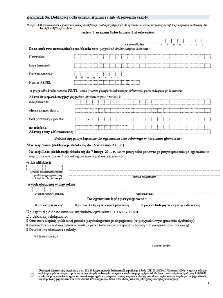 Załącznik 3a. Deklaracja Dla Ucznia, Słuchacza Lub Absolwenta Szkoły | PDF