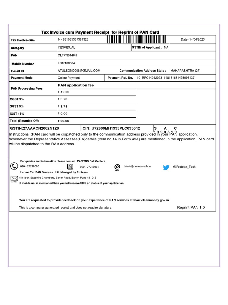 Tax Invoice Cum Payment Receipt For Reprint of PAN Card | PDF