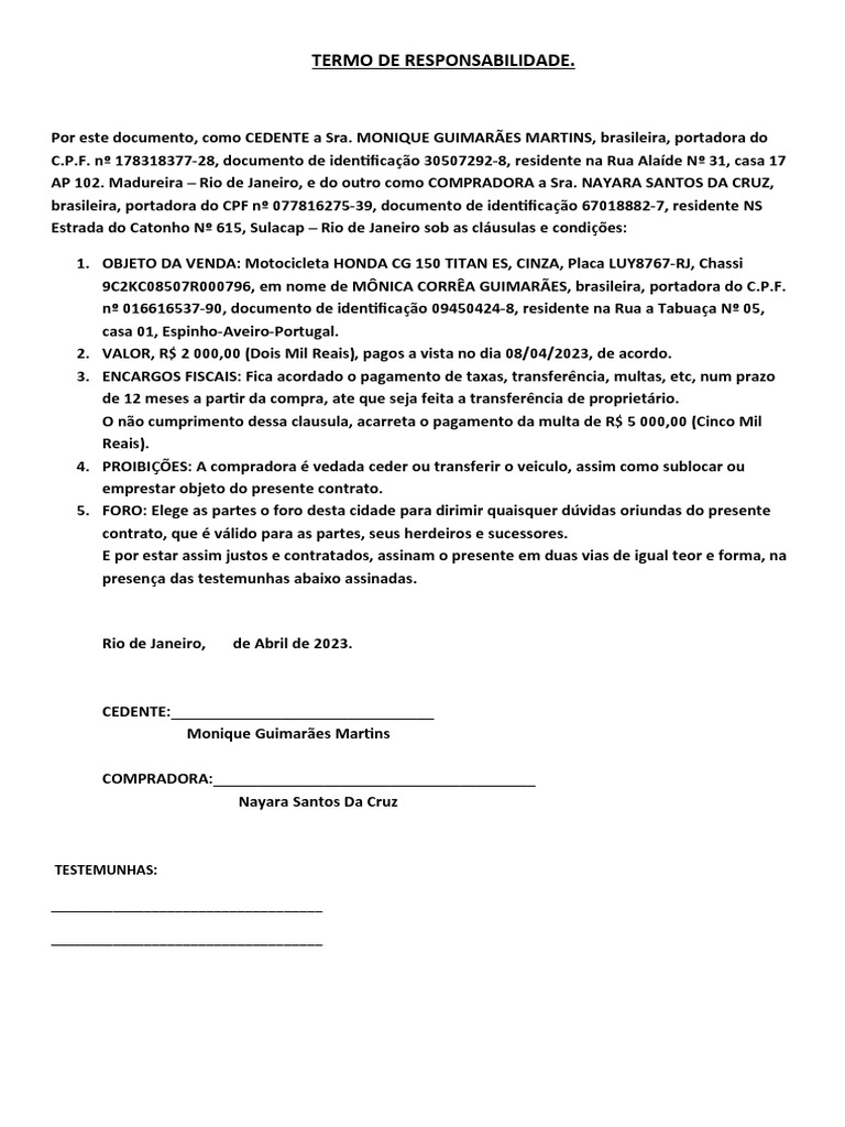 Termo De Responsabilidade Motor Pdf