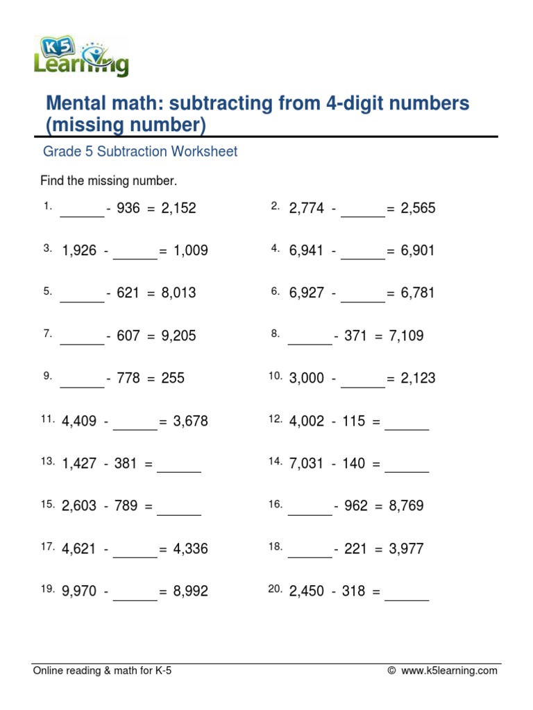 Grade 5 Subtract From 4 Digit Missing Number A | PDF
