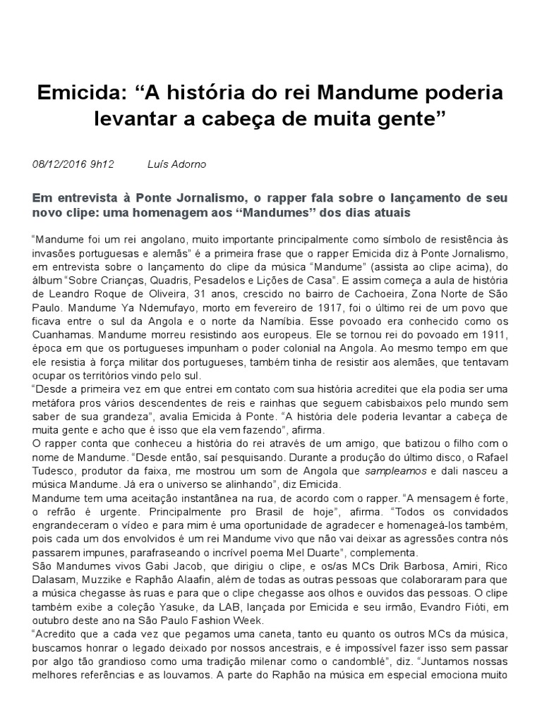 Emicida - "A História Do Rei Mandume Poderia Levantar A Cabeça de Muita ...