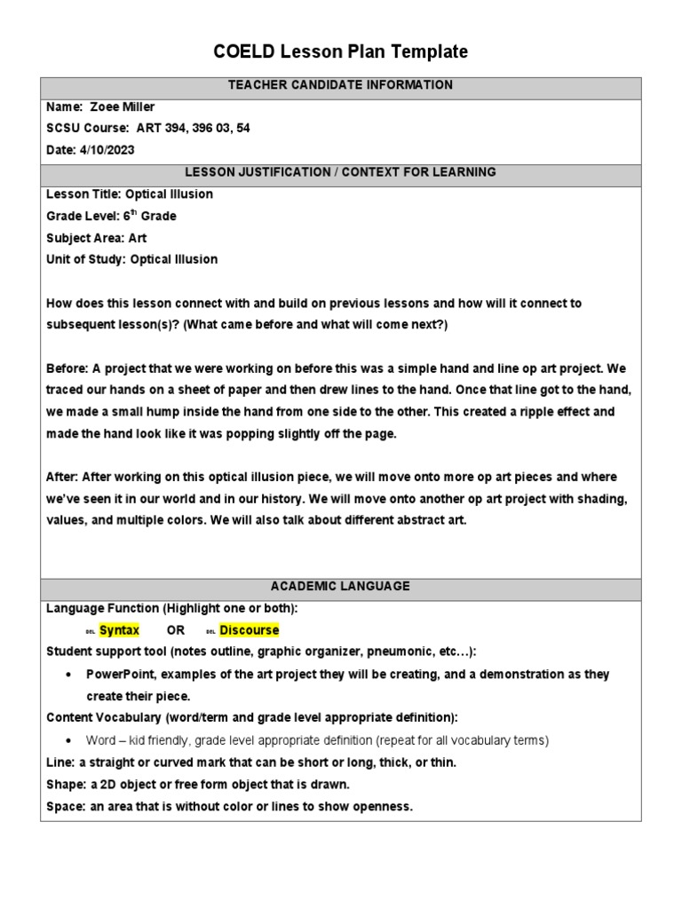 Scsu Coeld Edtpa Lesson Plan Template Art | PDF | Vocabulary | Color