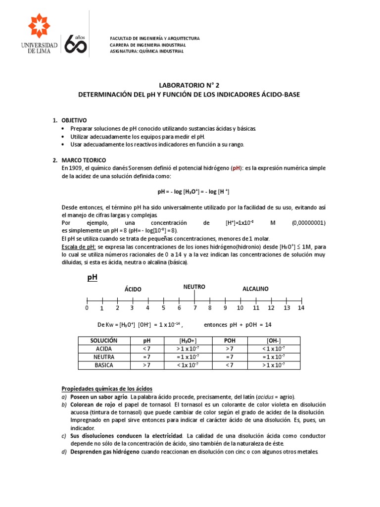 Laboratorio #2 Determinación Del PH Y Función de Los Indicadores Ácido-Base | Descargar gratis ...