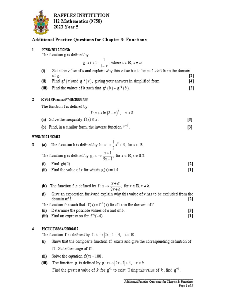 Raffles Institution H2 Mathematics (9758) 2023 Year 5 Additional Practice Questions For Chapter ...