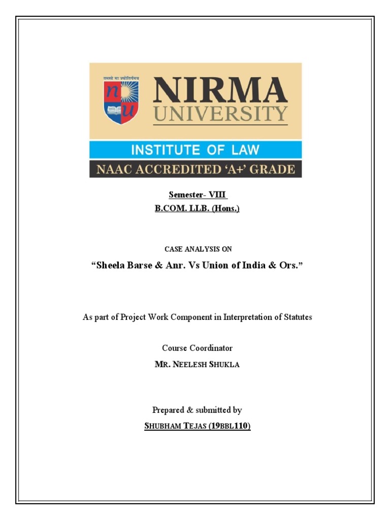 Sheela Barse vs Union of India Case Analysis | PDF | Prison | Constitution