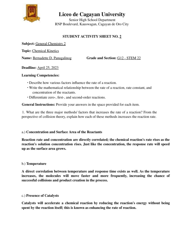 4th Grading CHEM 2 - Worksheet 1 | PDF | Reaction Rate | Chemical ...