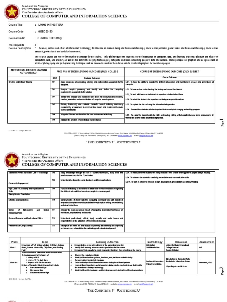 GEED 20133 Living in The IT Era Syllabus2022 | PDF | Information ...