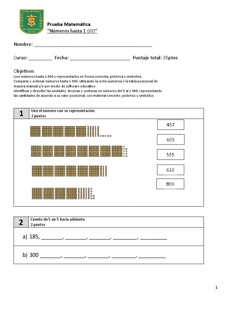 Prueba 3º Básico Capítulo 1 Números Hasta El 1000 | PDF