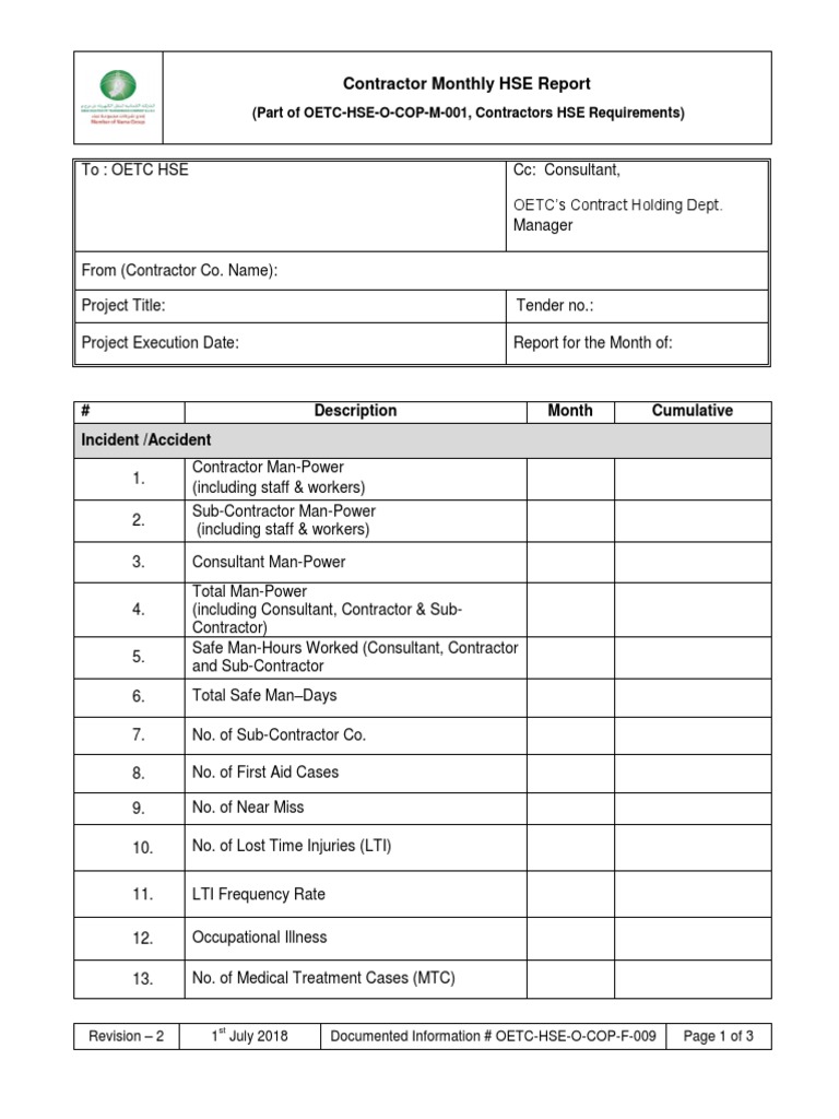 Contractor Monthly HSE Report Summary | PDF