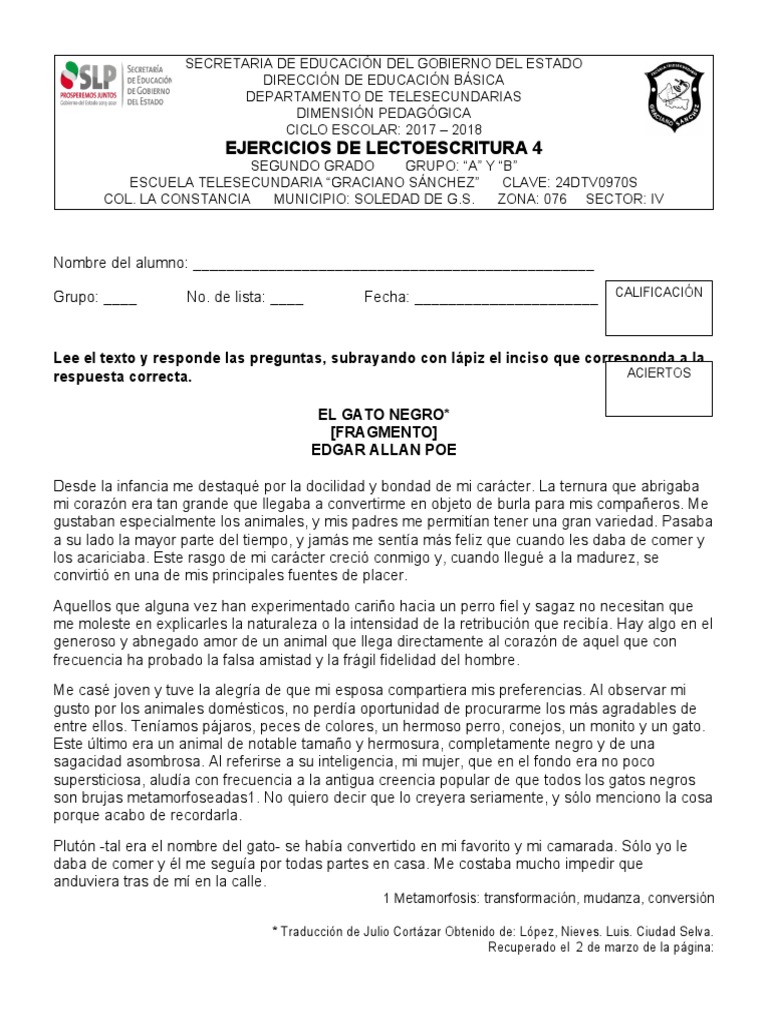 Lectura 4. El Gato Negro | PDF | Gatos