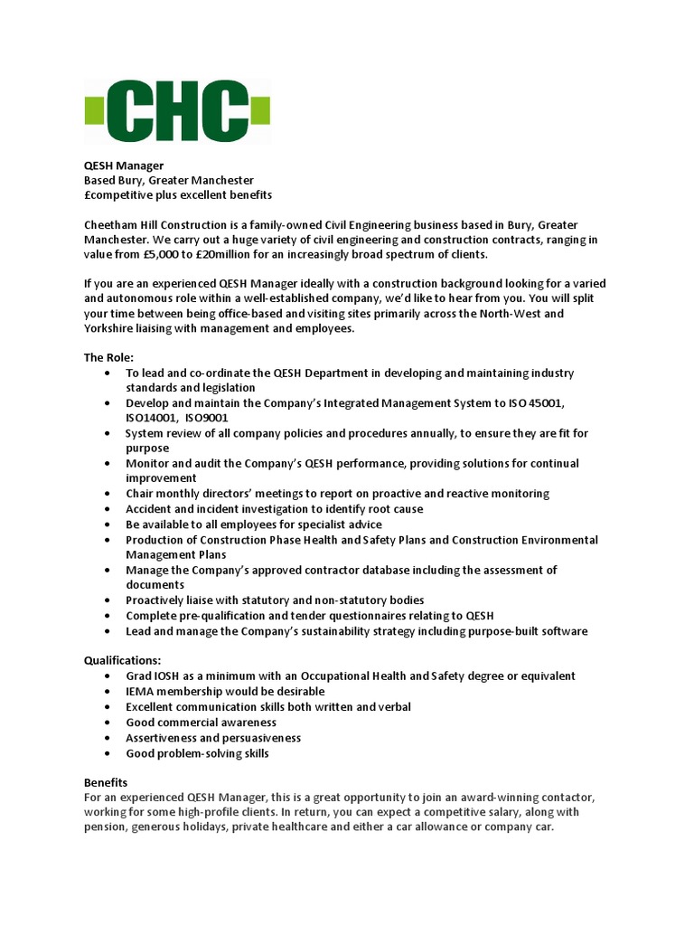 CHC QESH Manager | PDF | Business