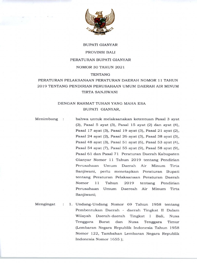 Perbup Atas Pelaksanaan Perda Kabupaten Gianyar TTG Pendirian PDAM ...