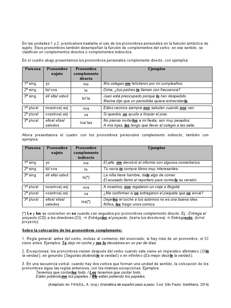 Los Pronombres de Complemento | PDF | Verbo | Objeto (gramática)