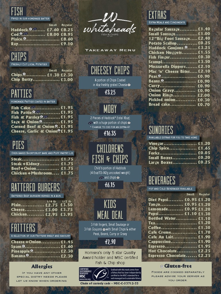 Whiteheads Takeaway Menu | PDF | French Fries | Sausage