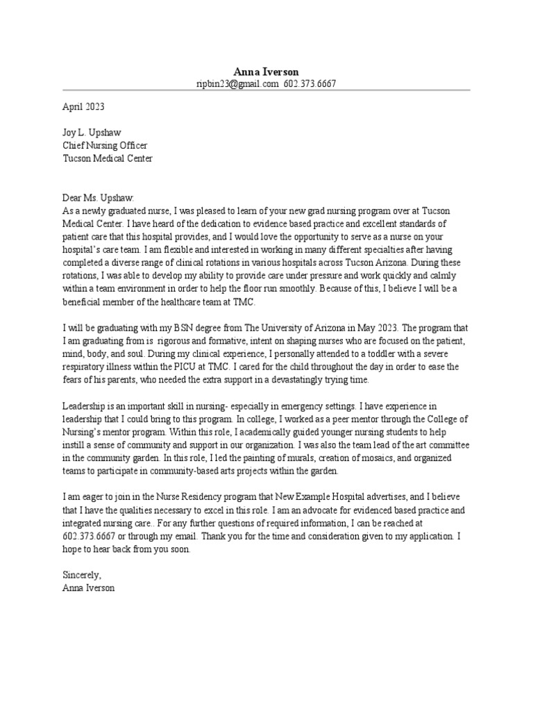 Anna Iverson Cover Letter | PDF | Nursing | Hospital