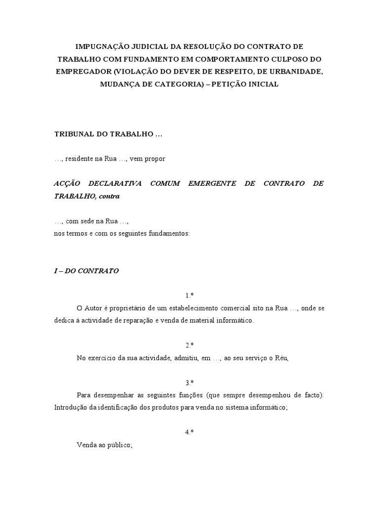 Minuta Acção de Impugnação Judicial de Resolução Do Contrato de ...