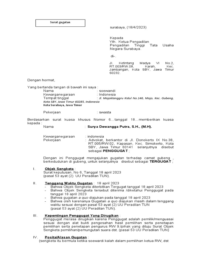 Surat Gugatan Pencemaran Nama Baik | PDF | Hukum