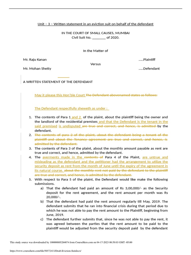 Draft Eviction Suit | PDF | Leasehold Estate | Lawsuit