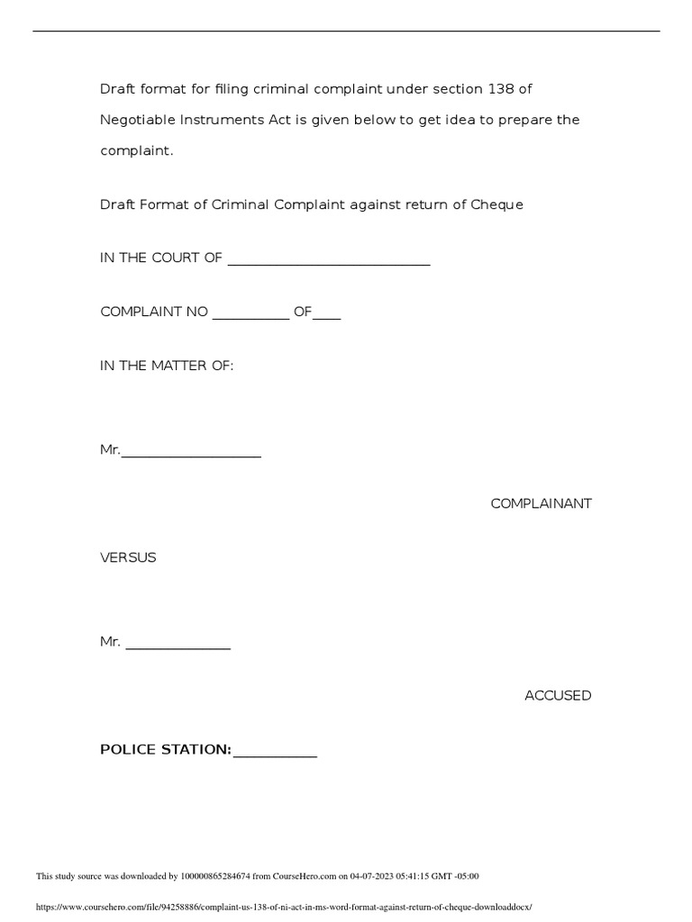 Complaint Us 138 of Ni Act in Ms Word Format Against Return of Cheque Download | PDF | Cheque ...