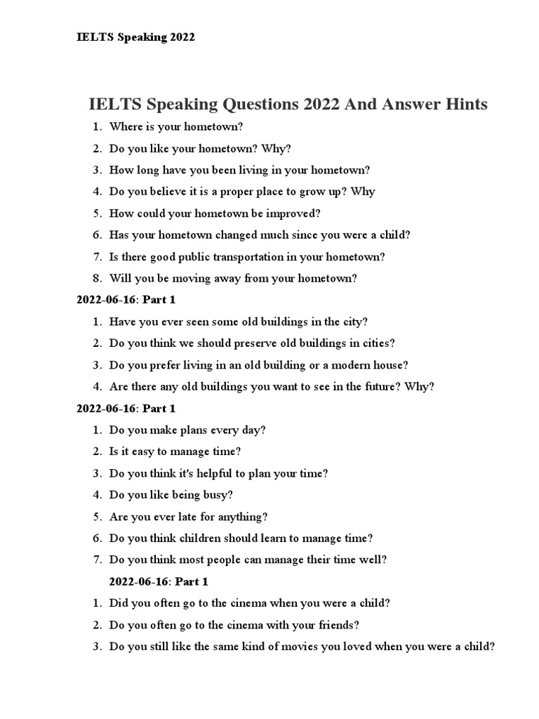 IELTS Speaking Questions 2022 and Answer Hints | PDF