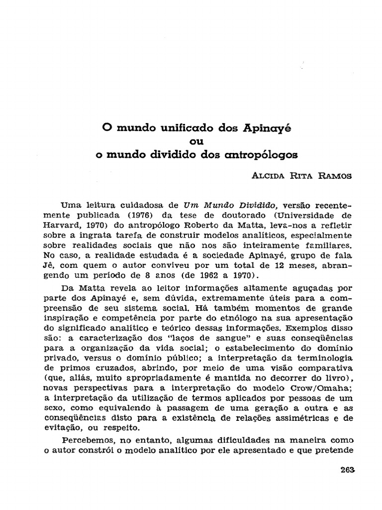 O Mundo Unificado Dos Apinayé.. ALCIDA RITA RAMOS | PDF | Família ...