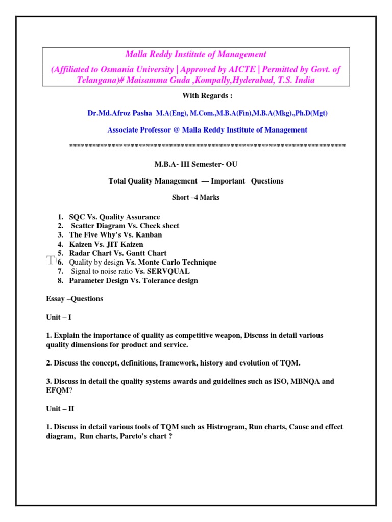 TQM IMP Questions - MBA III Semester-OU | PDF | Six Sigma | Business