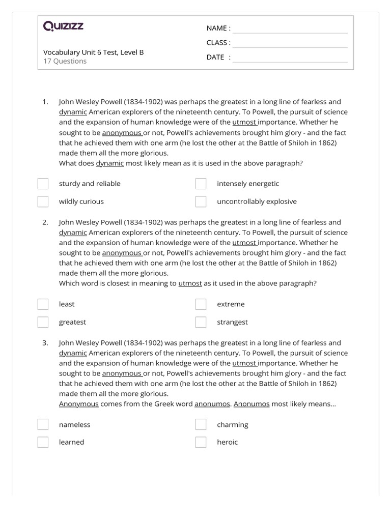 Vocabulary Unit 6 Test, Level B | PDF