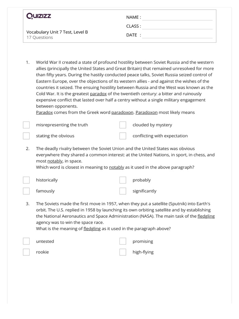 Vocabulary Unit 7 Test, Level B | PDF