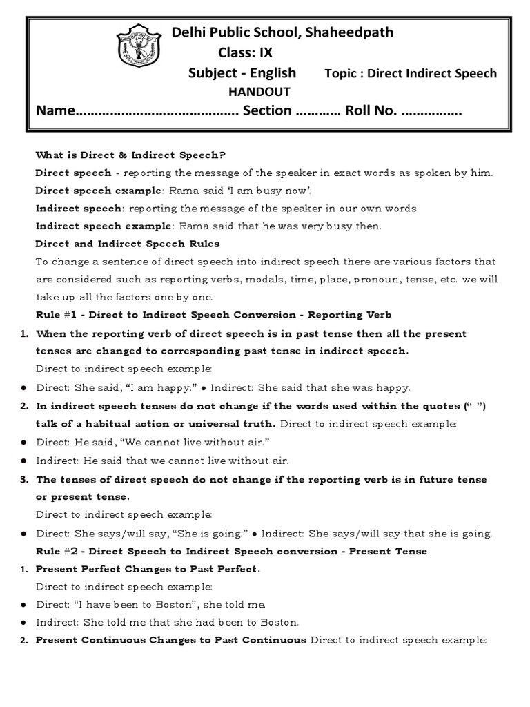 Direct Indirect Speech - Handout | PDF