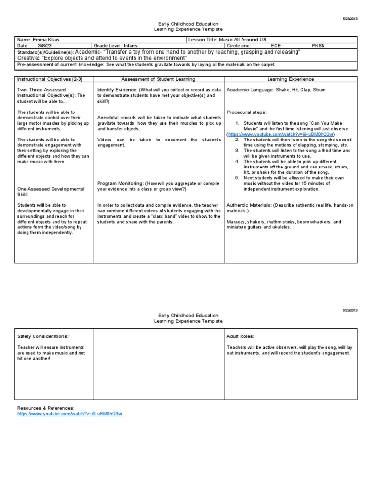 Music Lesson Plan | PDF | Early Childhood Education | Learning