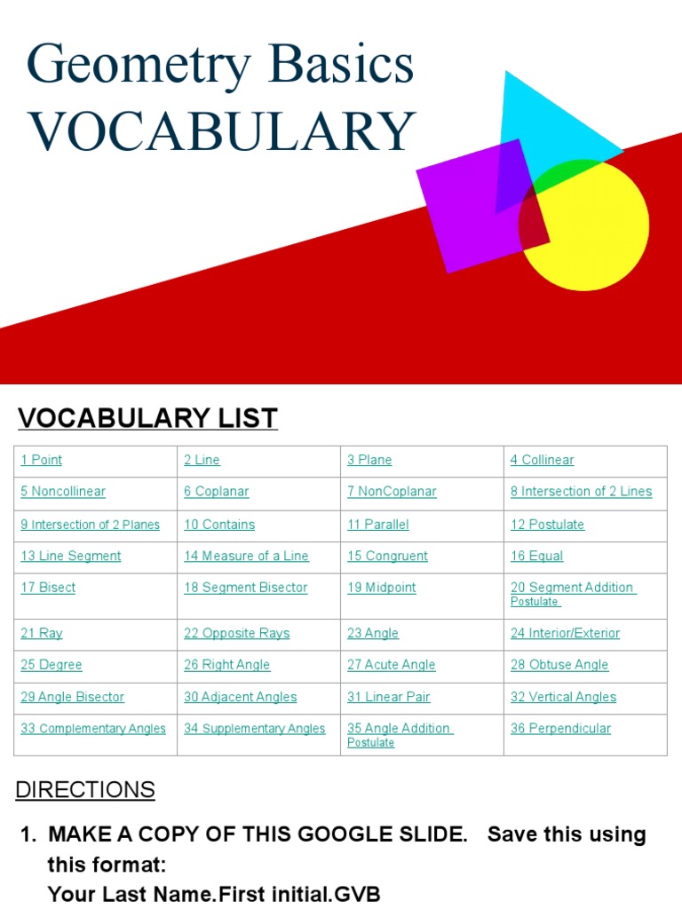 Geometry Basics Vocabulary | PDF | Line (Geometry) | Angle