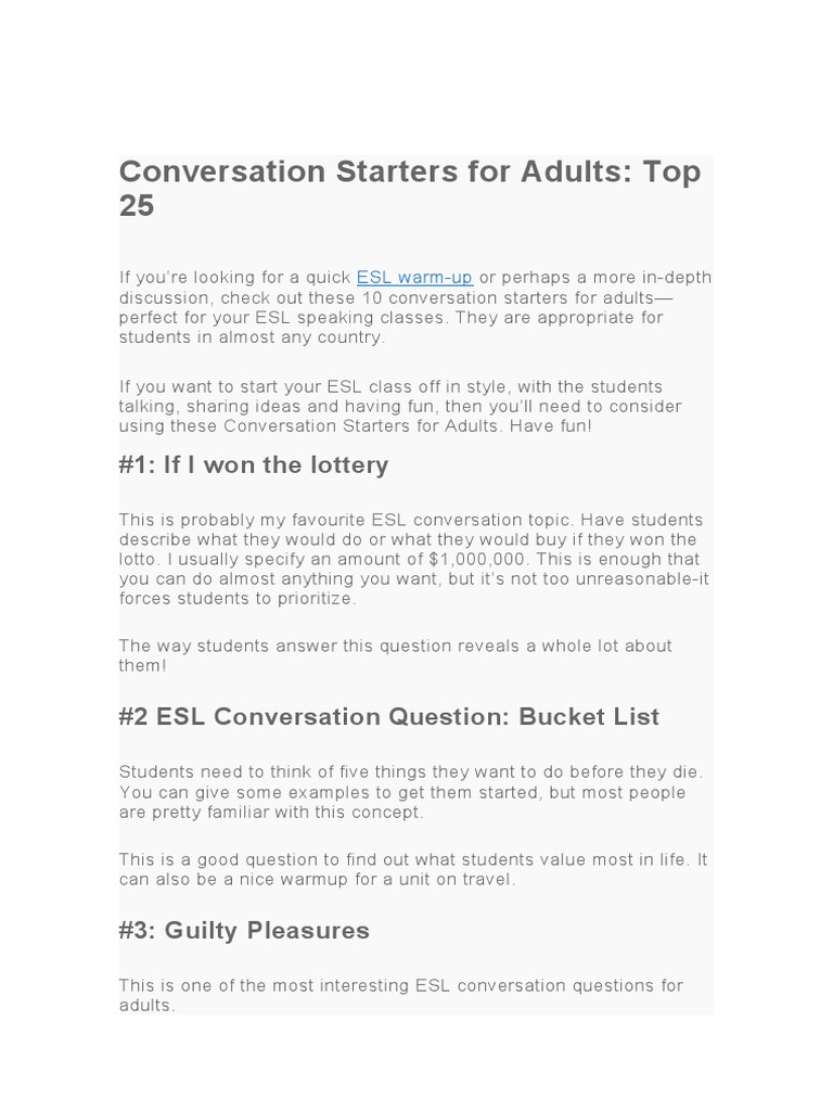 ESL Conversation Starters for Adults | PDF | English As A Second Or ...