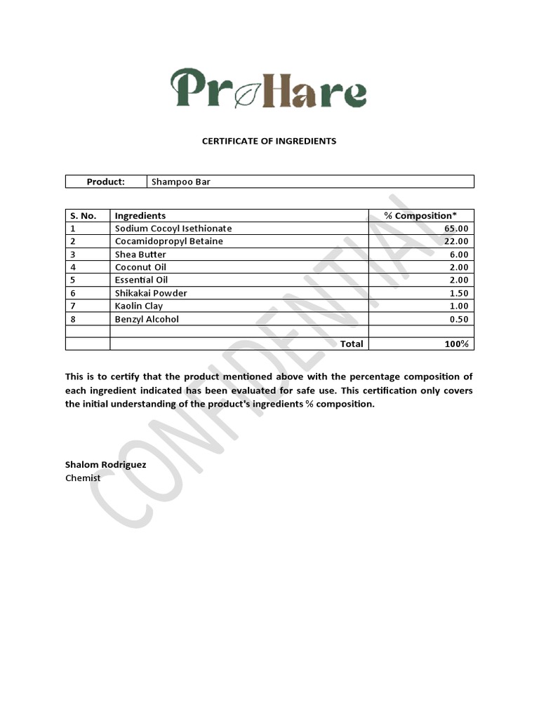 CERTIFICATE OF INGREDIENTS - ProHare | PDF