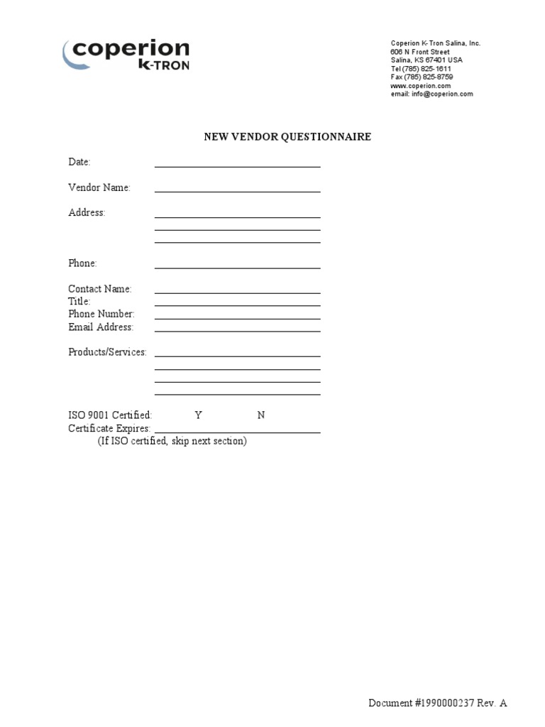 New Vendor Questionnaire | PDF | Calibration | Business