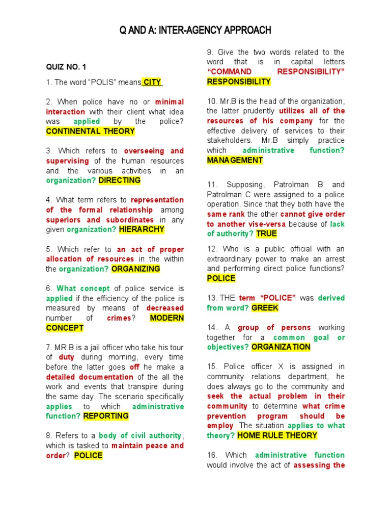 Q and A: Inter-Agency Approach: Quiz No. 1 Responsibility | PDF ...