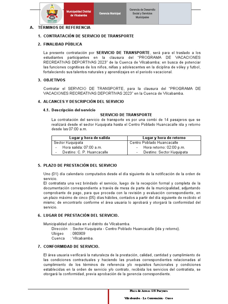 TDR - Servicios de Transporte | PDF