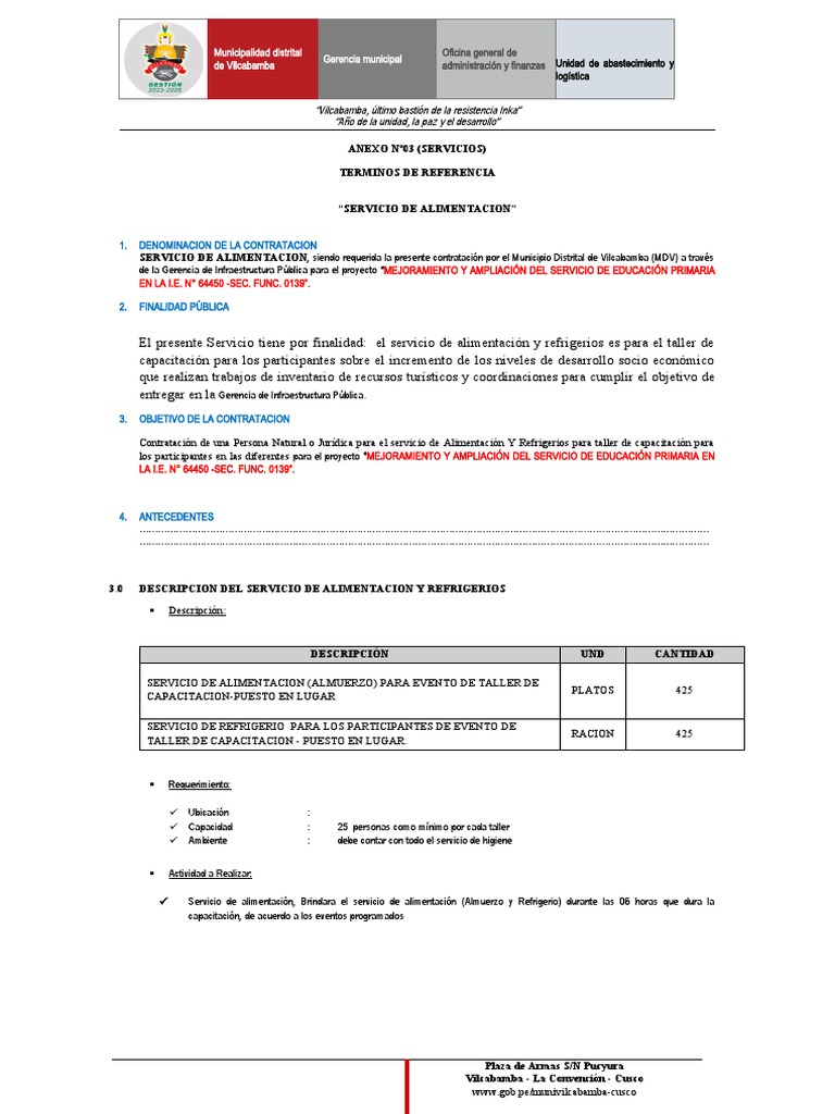 Servicio de alimentación y refrigerios para talleres de capacitación municipal en Vilcabamba | PDF
