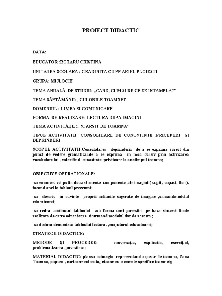 Proiect Didactic DLC Lectura Dupa Imagini | PDF