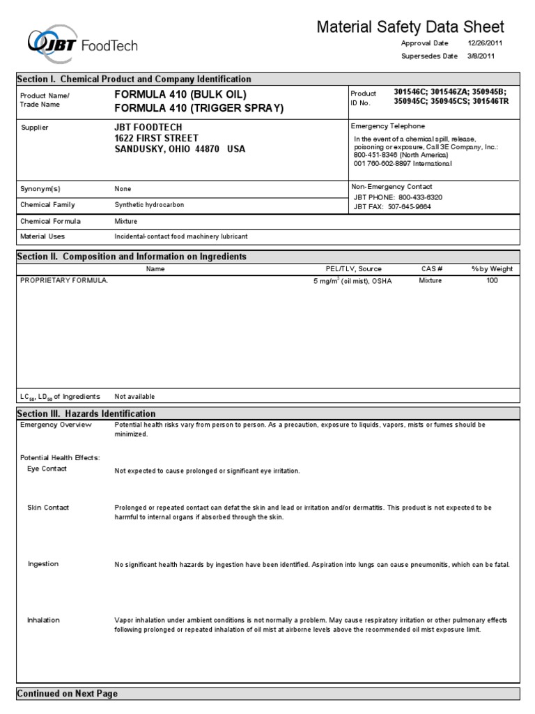 Formula-410 Hoja de Seguridad | PDF | Water | Combustion