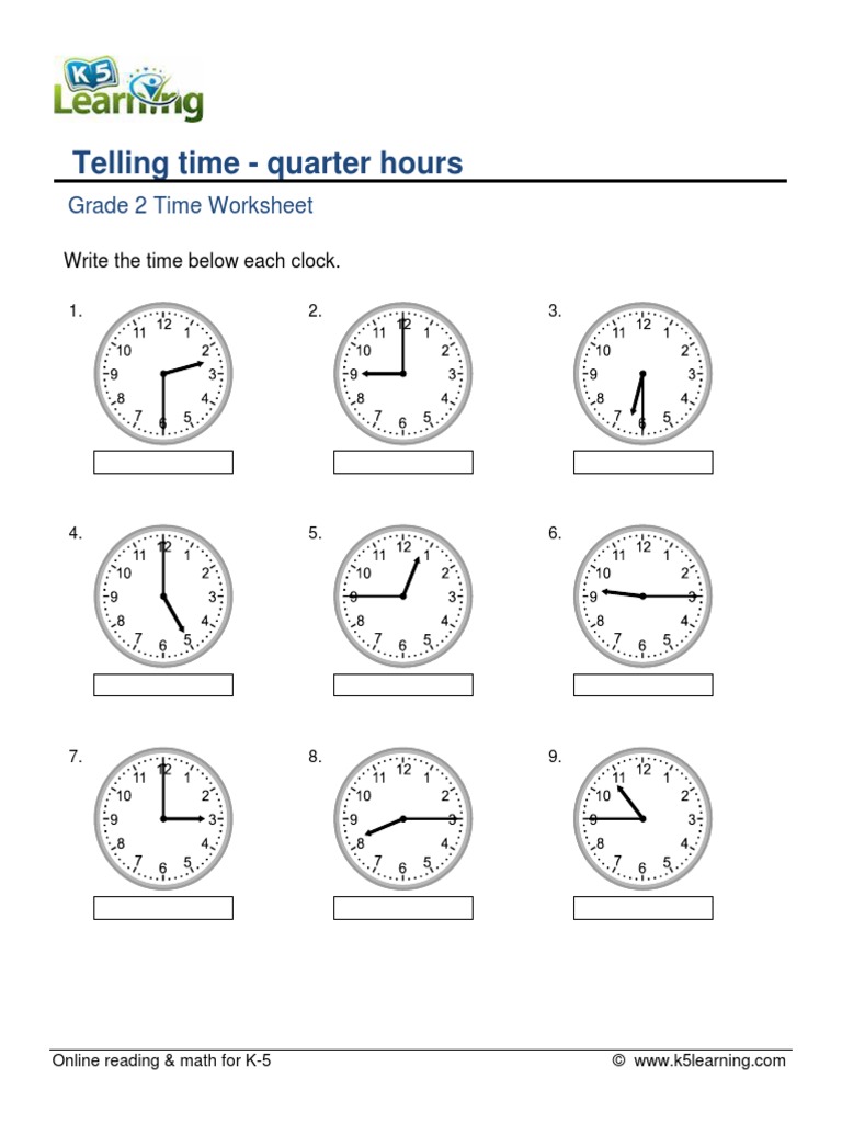 Grade 2 Telling Time Quarter Hours A | PDF