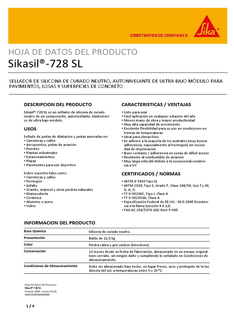 Sikasil - 728 SL | PDF | Hormigón | Materiales
