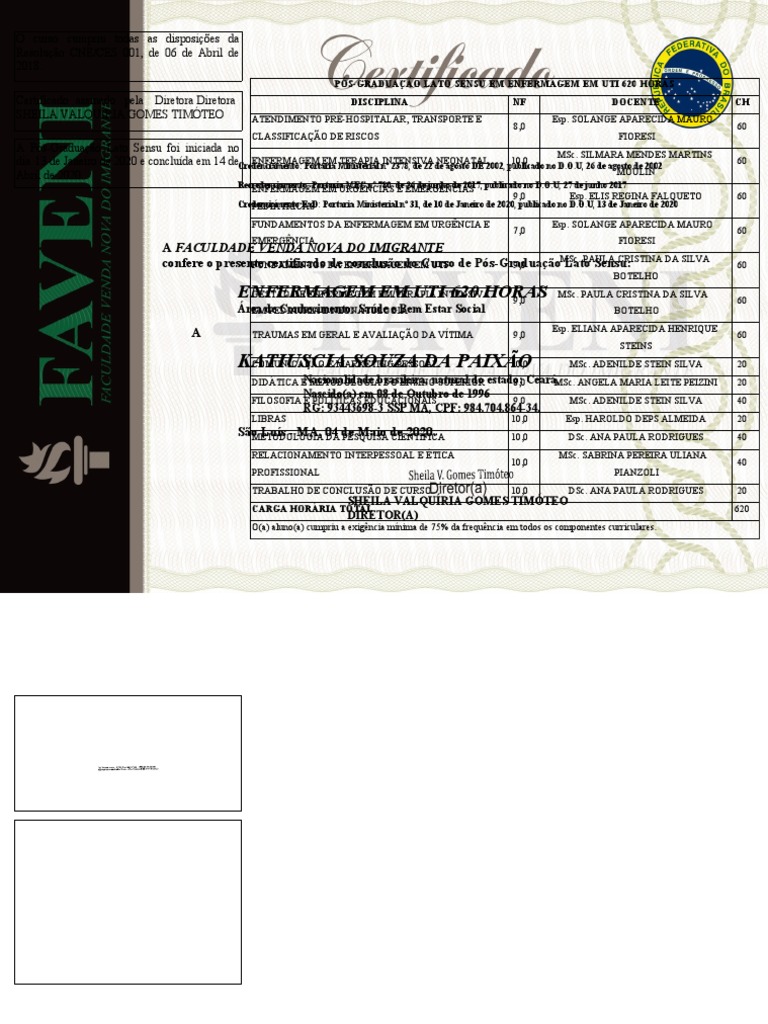 Certificado de Pós-Graduação FAVENI | PDF | Pós-graduação | Sistema de ...
