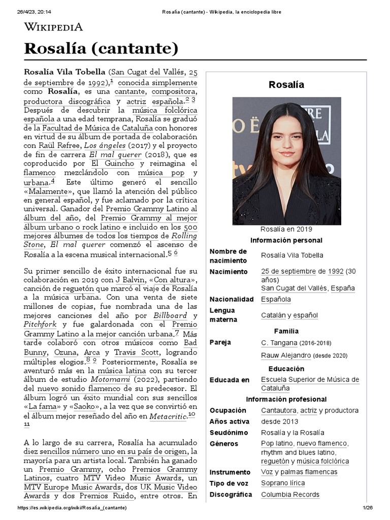 Rosalía (Cantante) - Wikipedia, La Enciclopedia Libre | PDF | premios ... Rosalía (Cantante) - Wikipedia, La Enciclopedia Libre | PDF | premios ...