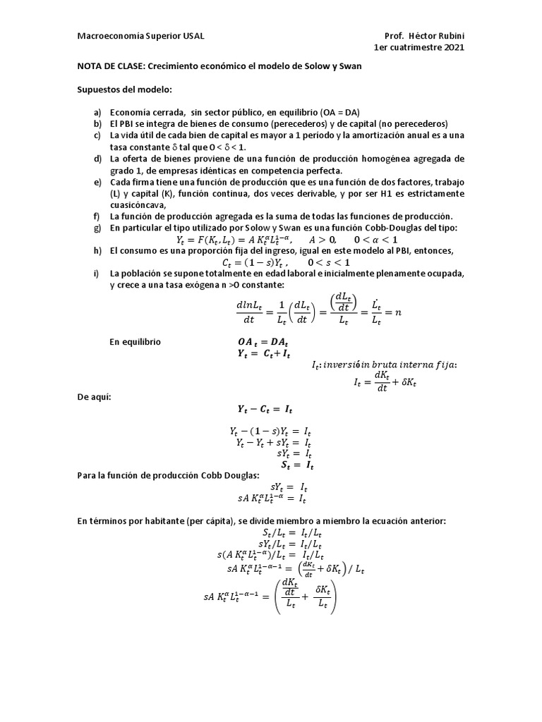 NOTA DE CLASE Modelo de Solow Función de Producción Cobb Douglas 2023 | PDF | Ahorro | Producto ...