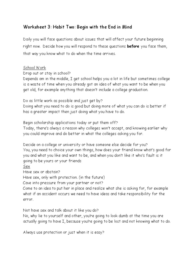 Worksheet 3 Begin With The End in Mind | PDF